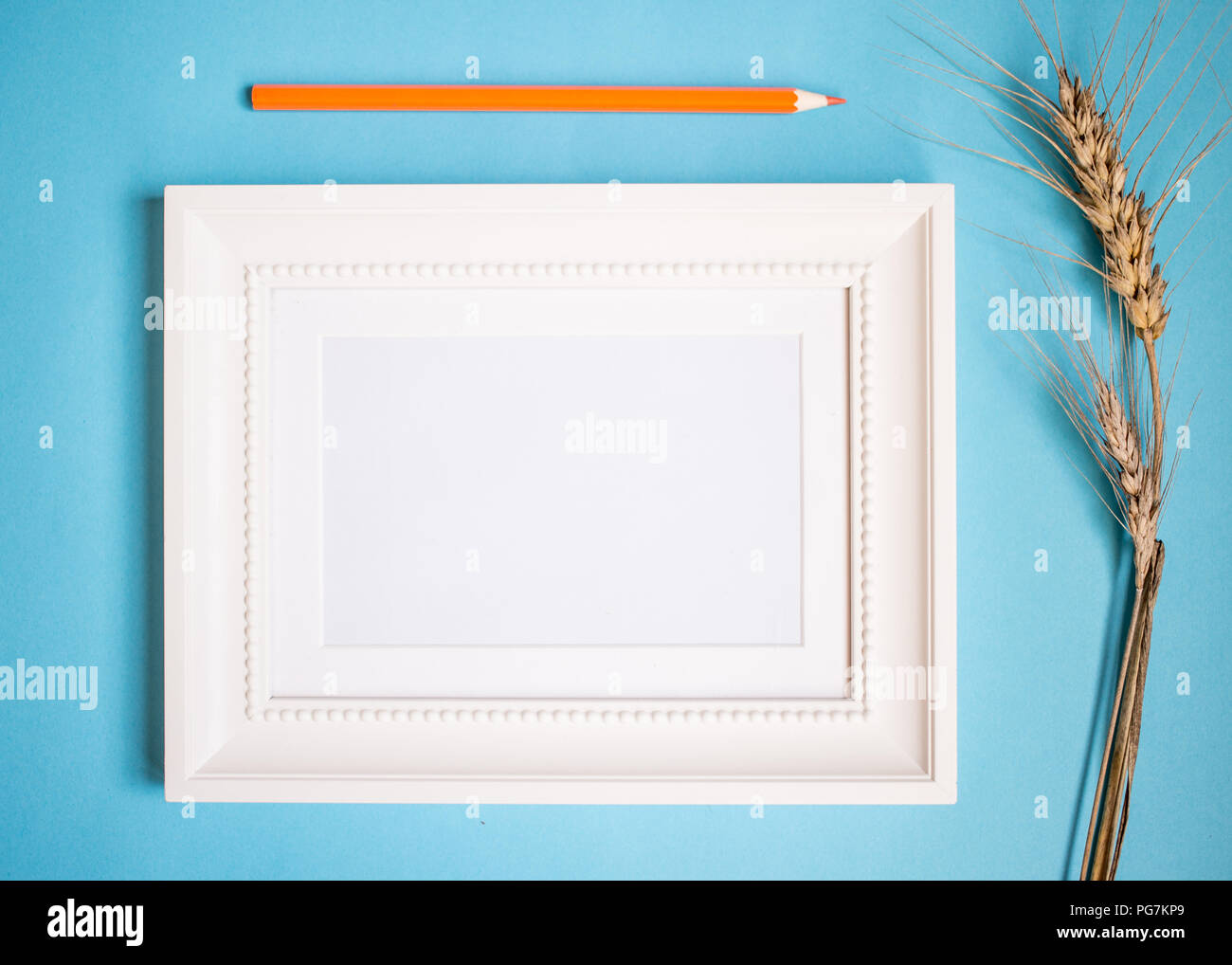 Ears of wheat, white frame with copy space on the blue background Stock ...