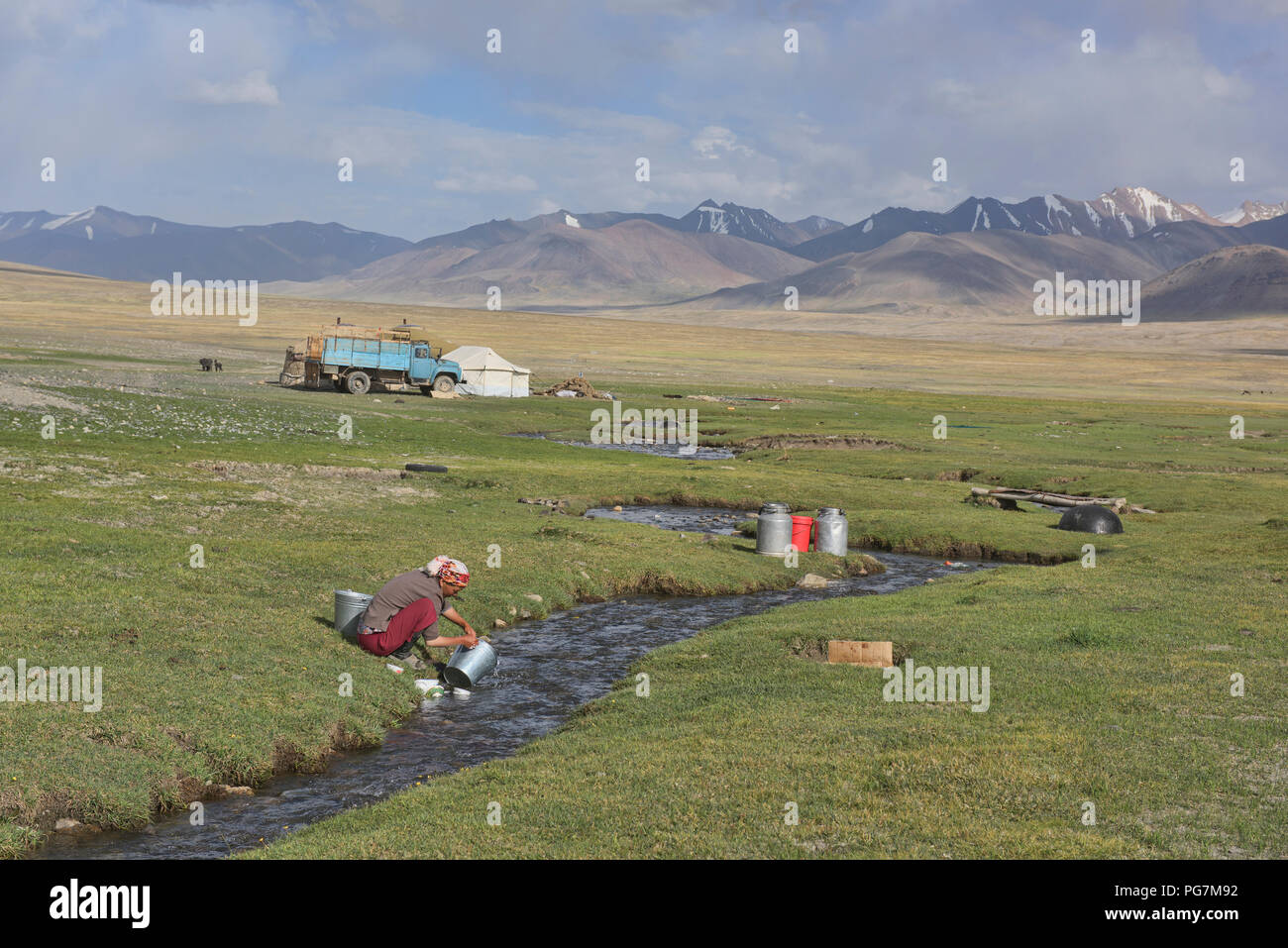 Kyrgyz yurt camp in front of the Afghan Great Pamir Range, Kara Jilga ...