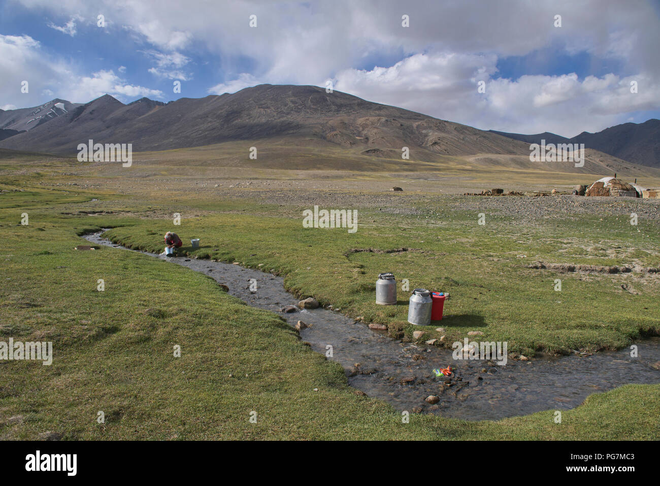 Kyrgyz yurt camp in front of the Afghan Great Pamir Range, Kara Jilga ...
