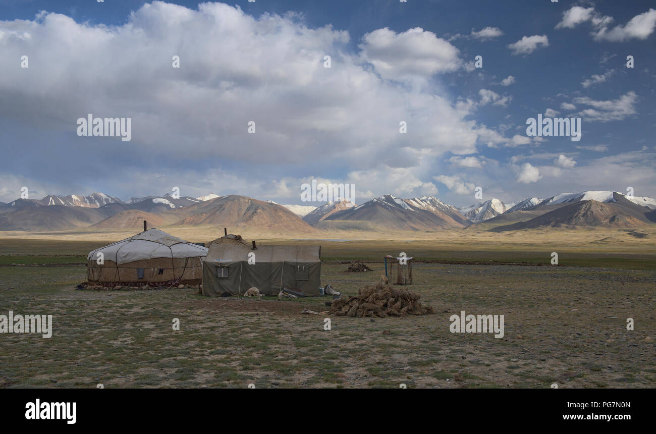 Kyrgyz yurt camp in front of the Afghan Great Pamir Range, Kara Jilga ...