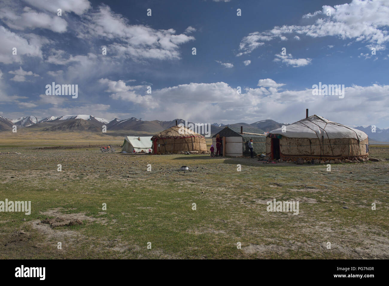 Kyrgyz yurt camp in front of the Afghan Great Pamir Range, Kara Jilga ...