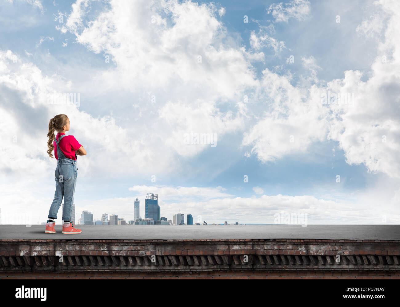 Concept of careless happy childhood with girl looking far away Stock ...