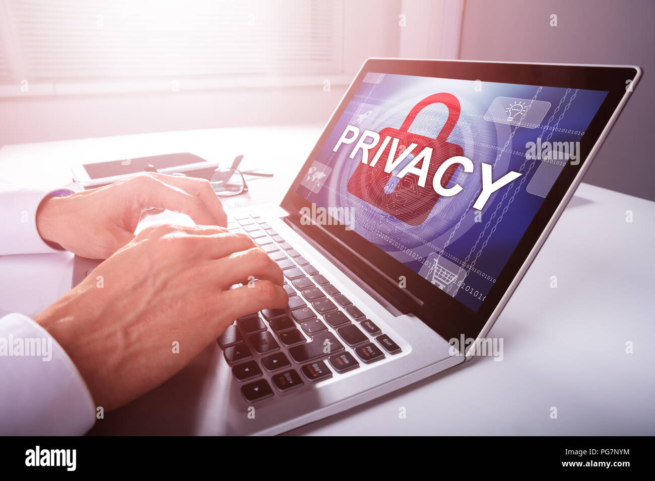 Close-up Of A Businessman's Hand Configuring Privacy Settings In A ...