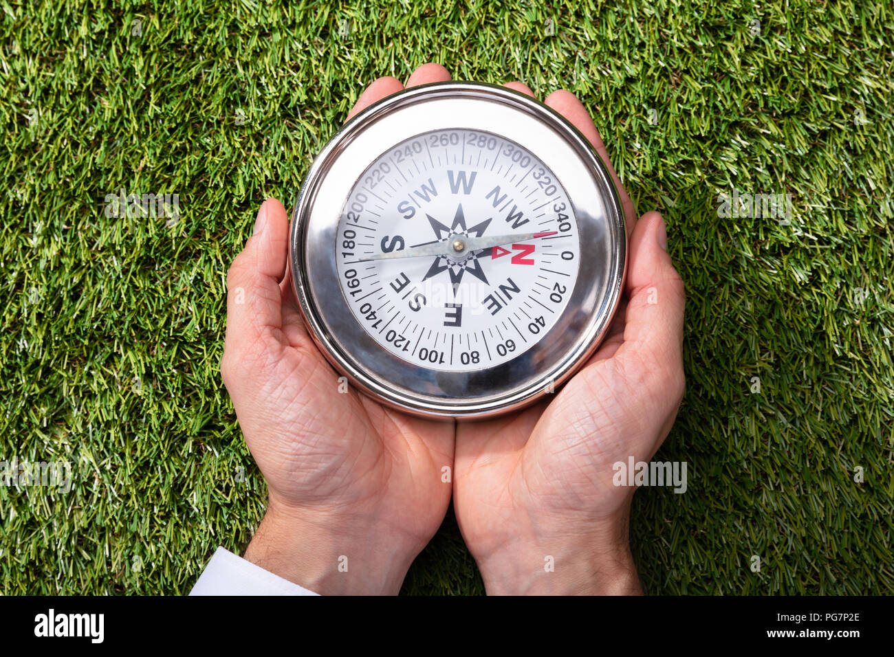 Elevated View Of A Man Holding Compass Over Green Grass Stock Photo - Alamy