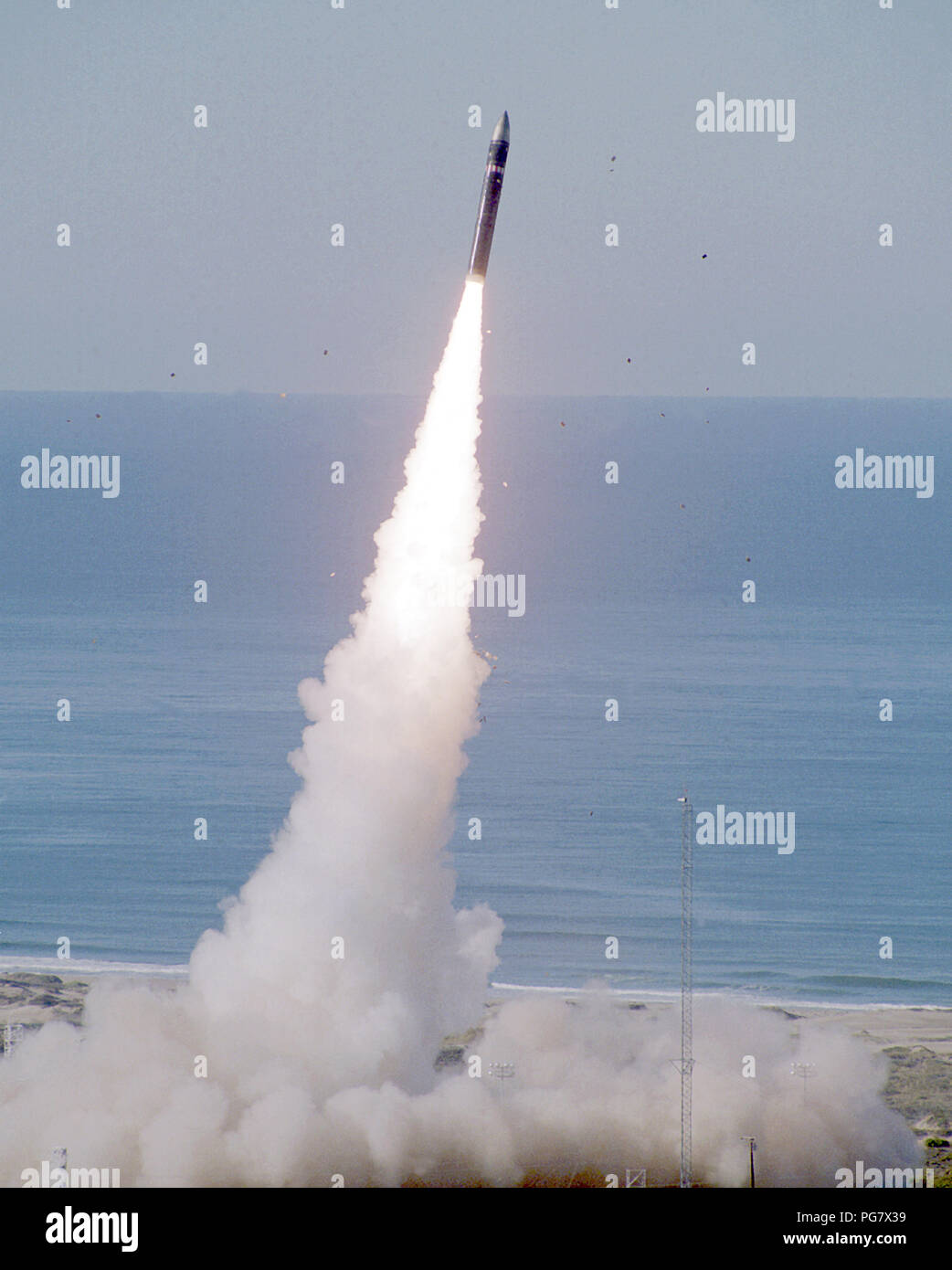LGM-118A Peacekeeper flight test missile 10 lifts off during the second ...