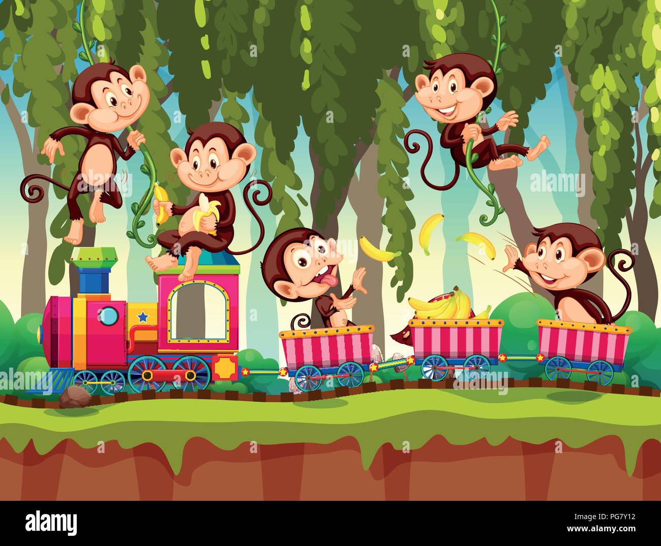 Monkey on train in the jungle illustration Stock Vector Image & Art - Alamy