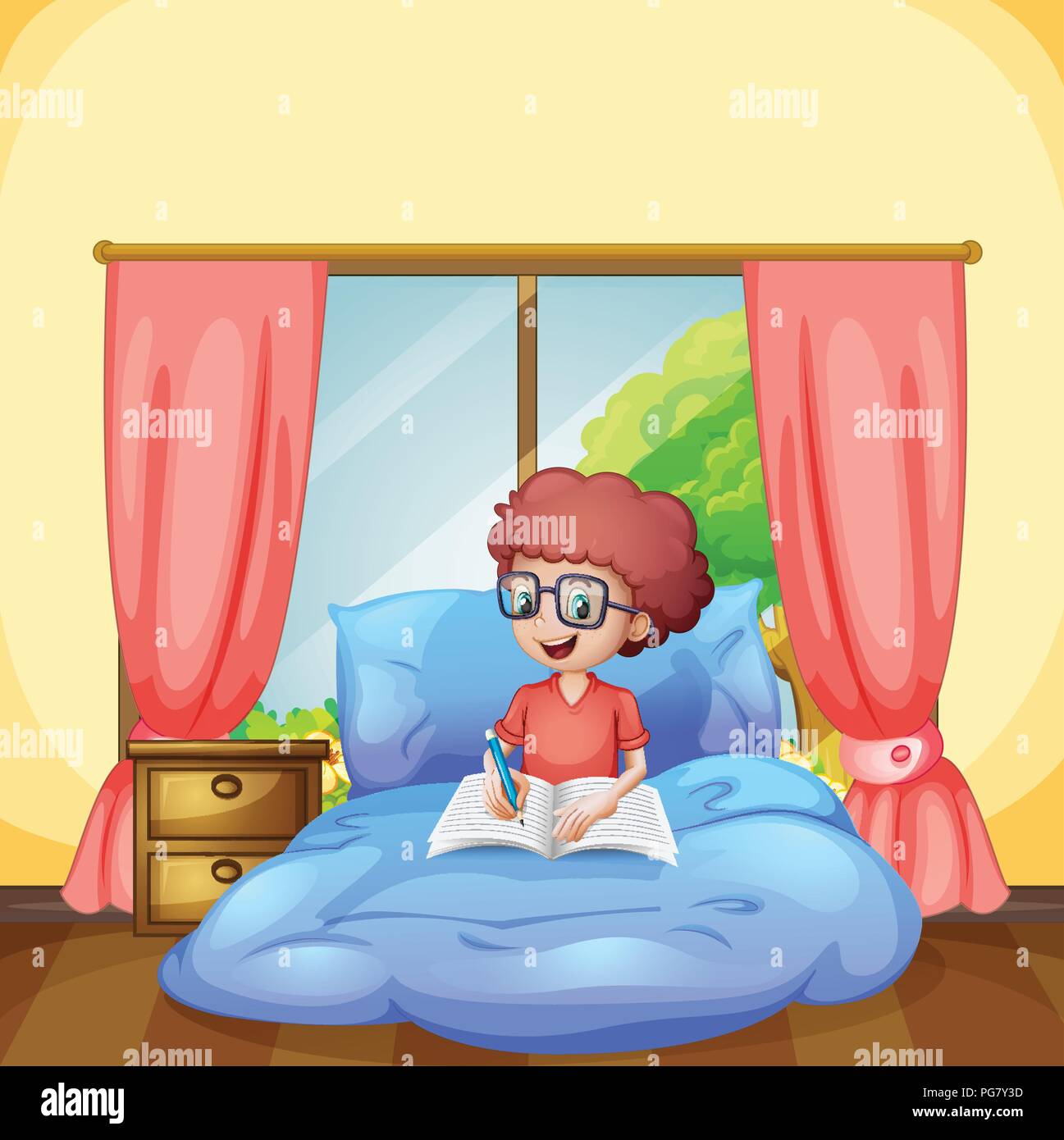 A young boy study in bedroom illustration Stock Vector Image & Art - Alamy