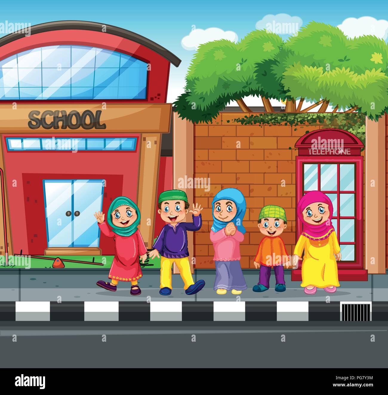 Muslim student in front of school illustration Stock Vector Image & Art ...