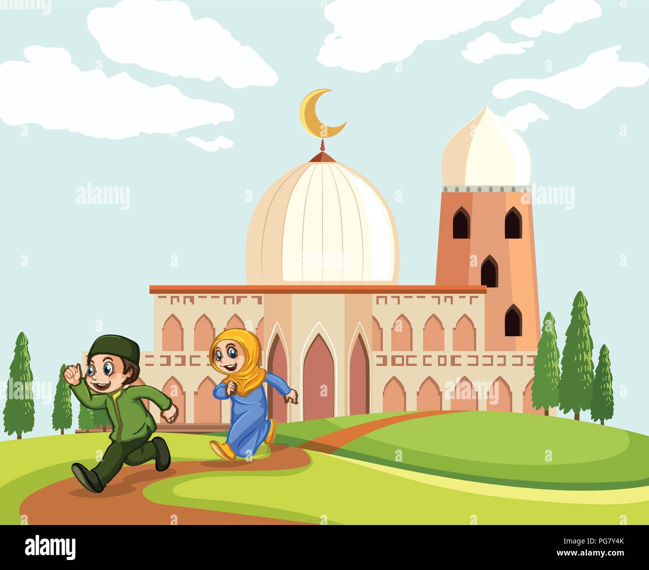 Muslim children leaving the mosque illustration Stock Vector Image ...