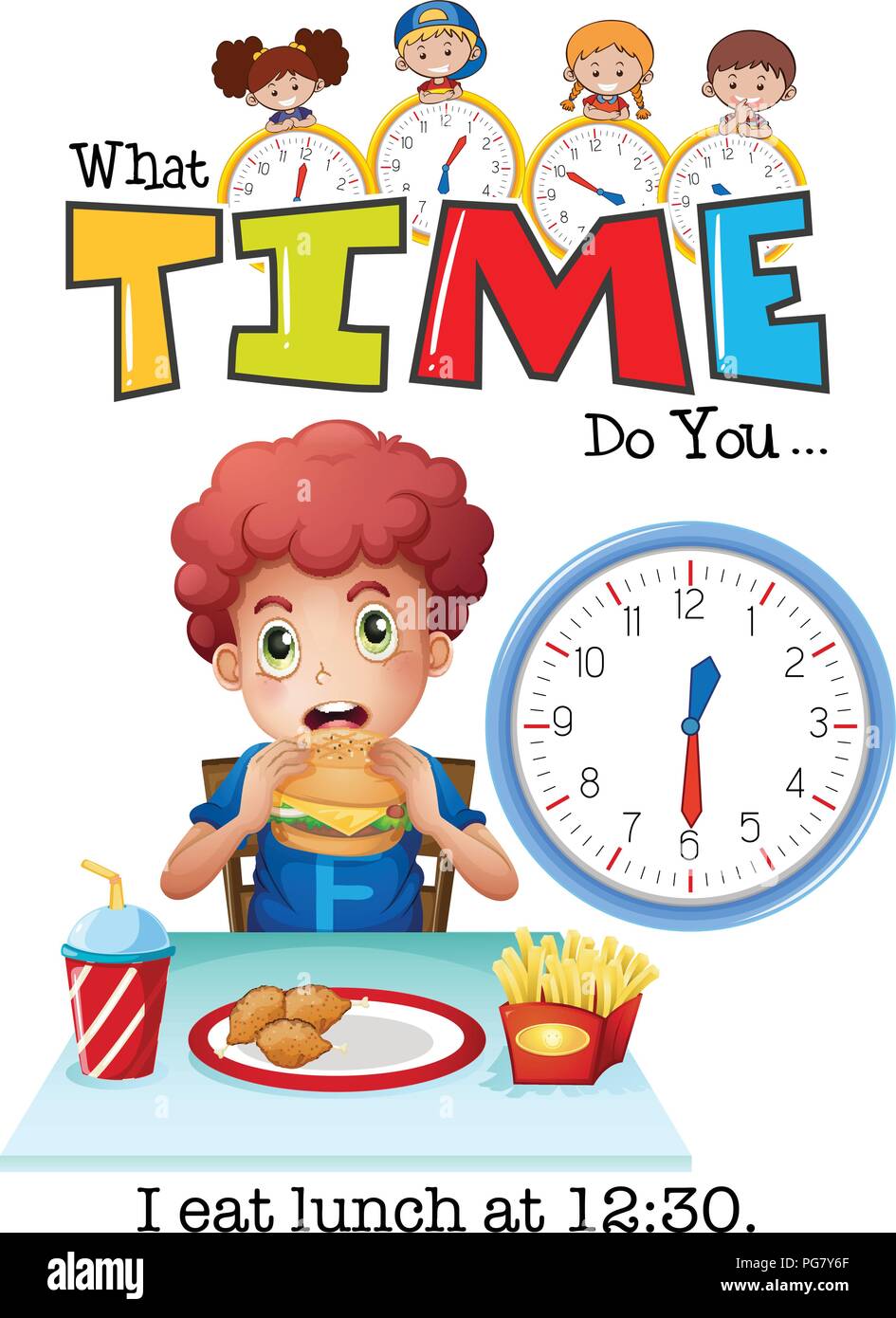 A boy eating lunch at 12:30 illustration Stock Vector Image & Art - Alamy