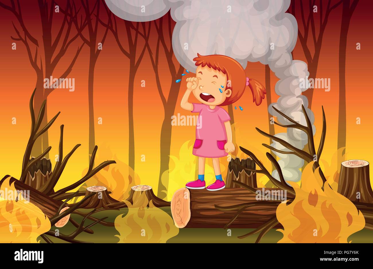 A girl crying in the wildfire forest illustration Stock Vector Image ...