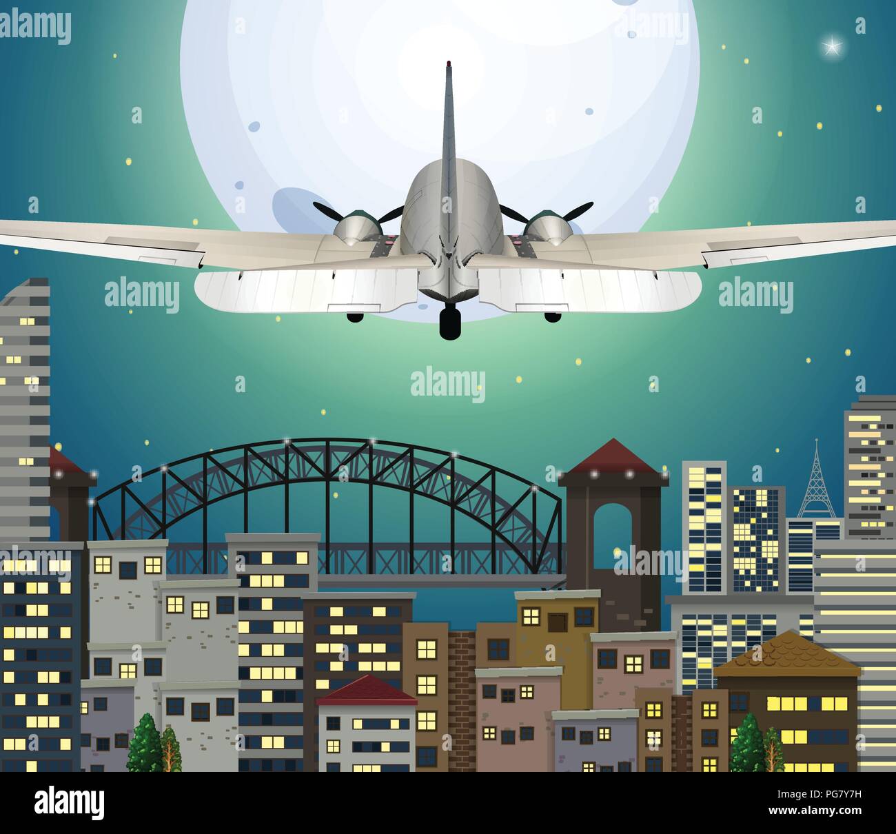 Airplane flying over urban city illustration Stock Vector Image & Art ...