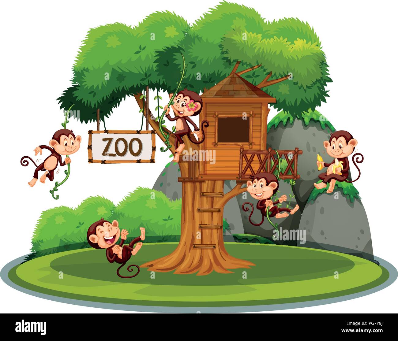 Monkey at treehouse in the zoo illustration Stock Vector Image & Art ...