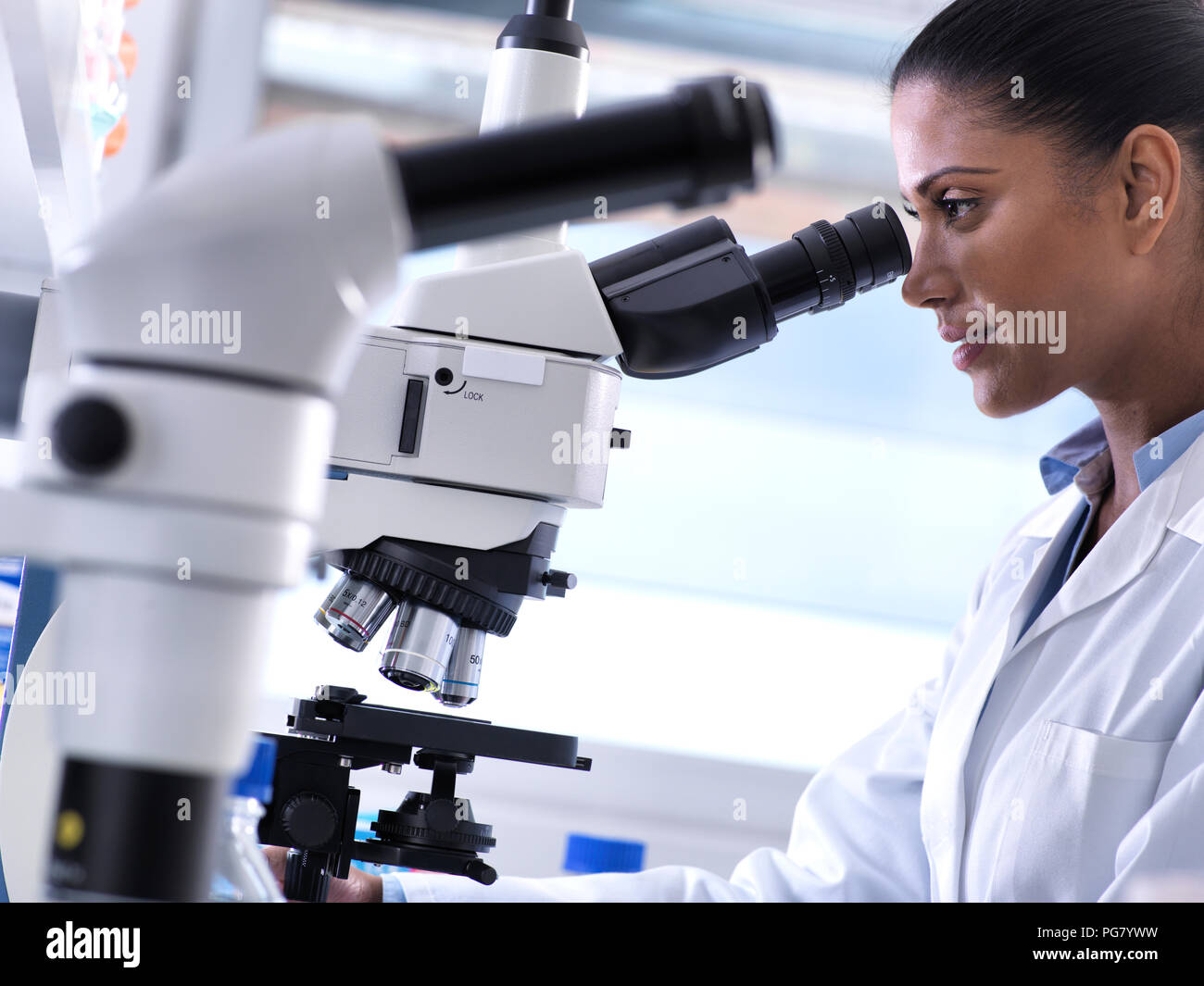 Female Scientist Examining Specimen Under Microscope Laboratory High ...