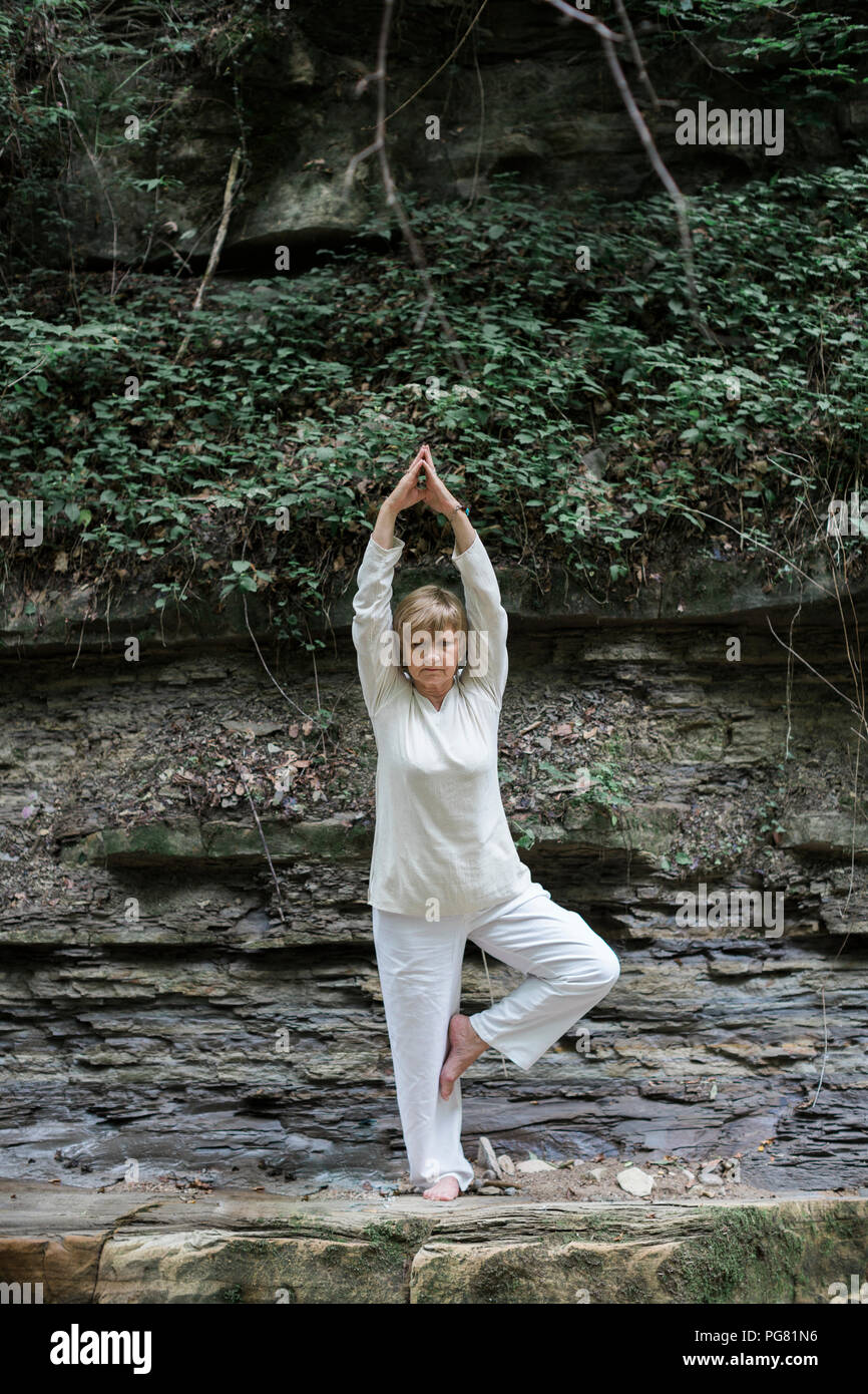 Senior woman doing yoga, tree position Stock Photo - Alamy