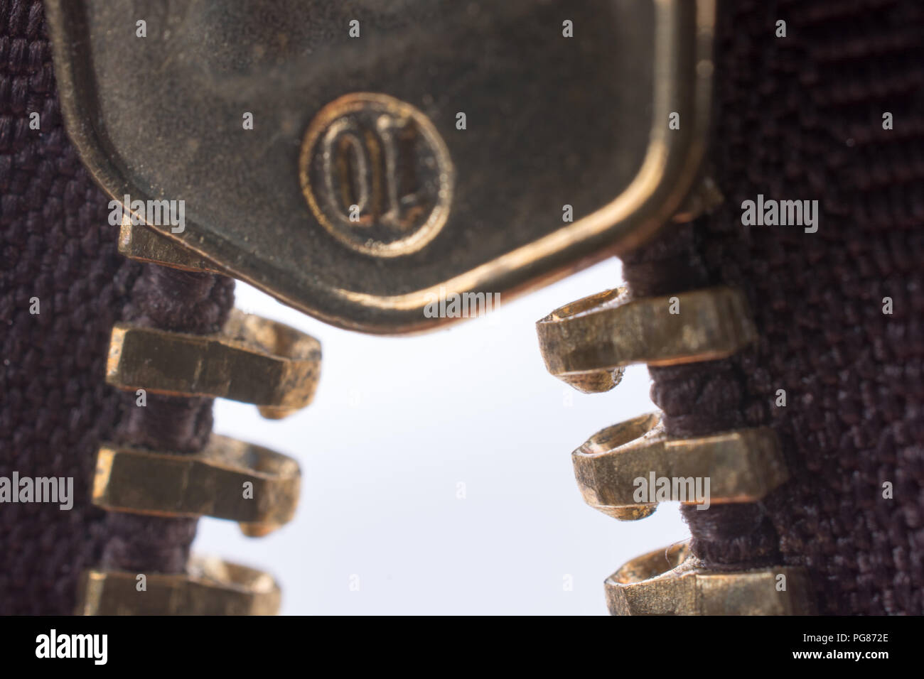 Close up or macro of a brown zipper on white background Stock Photo - Alamy