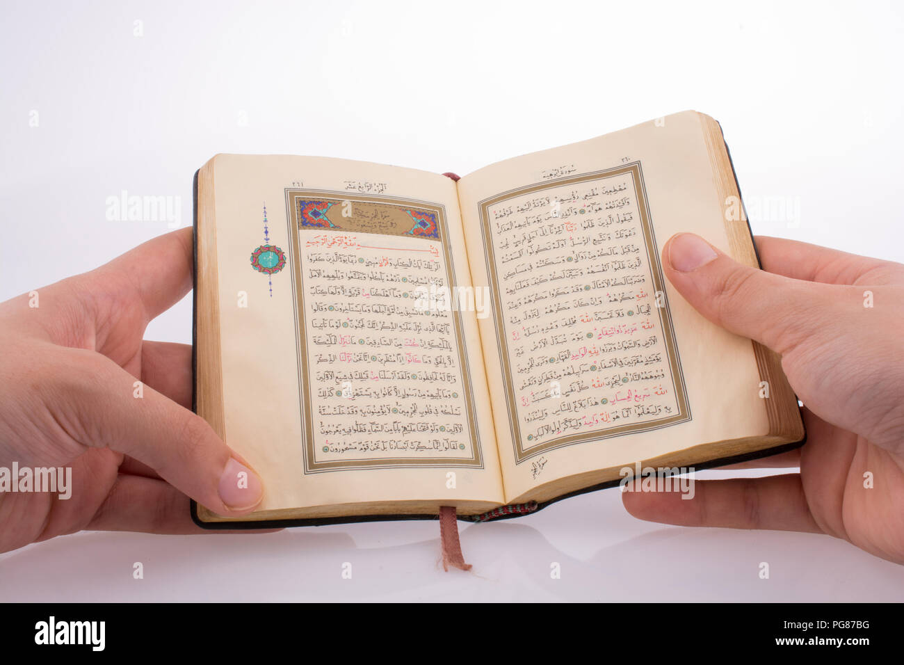 Hand holding The Holy Quran on a white background Stock Photo - Alamy