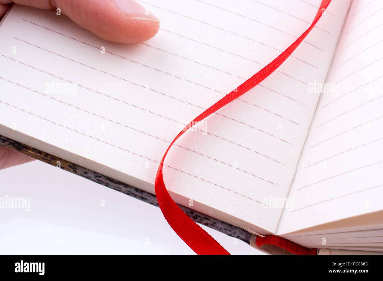 Hand holding a notebook on a white background Stock Photo - Alamy