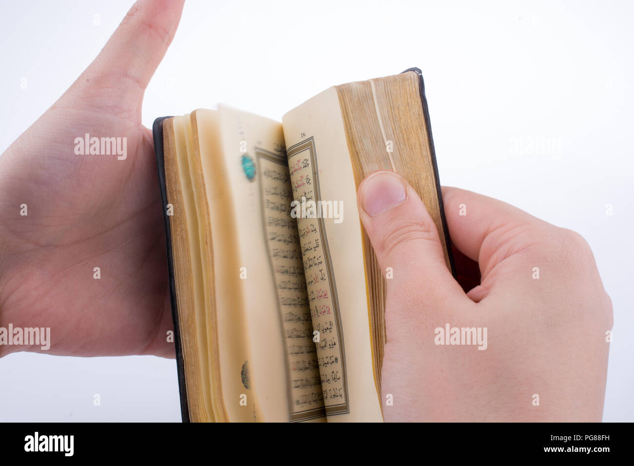Hand holding The Holy Quran on a white background Stock Photo - Alamy