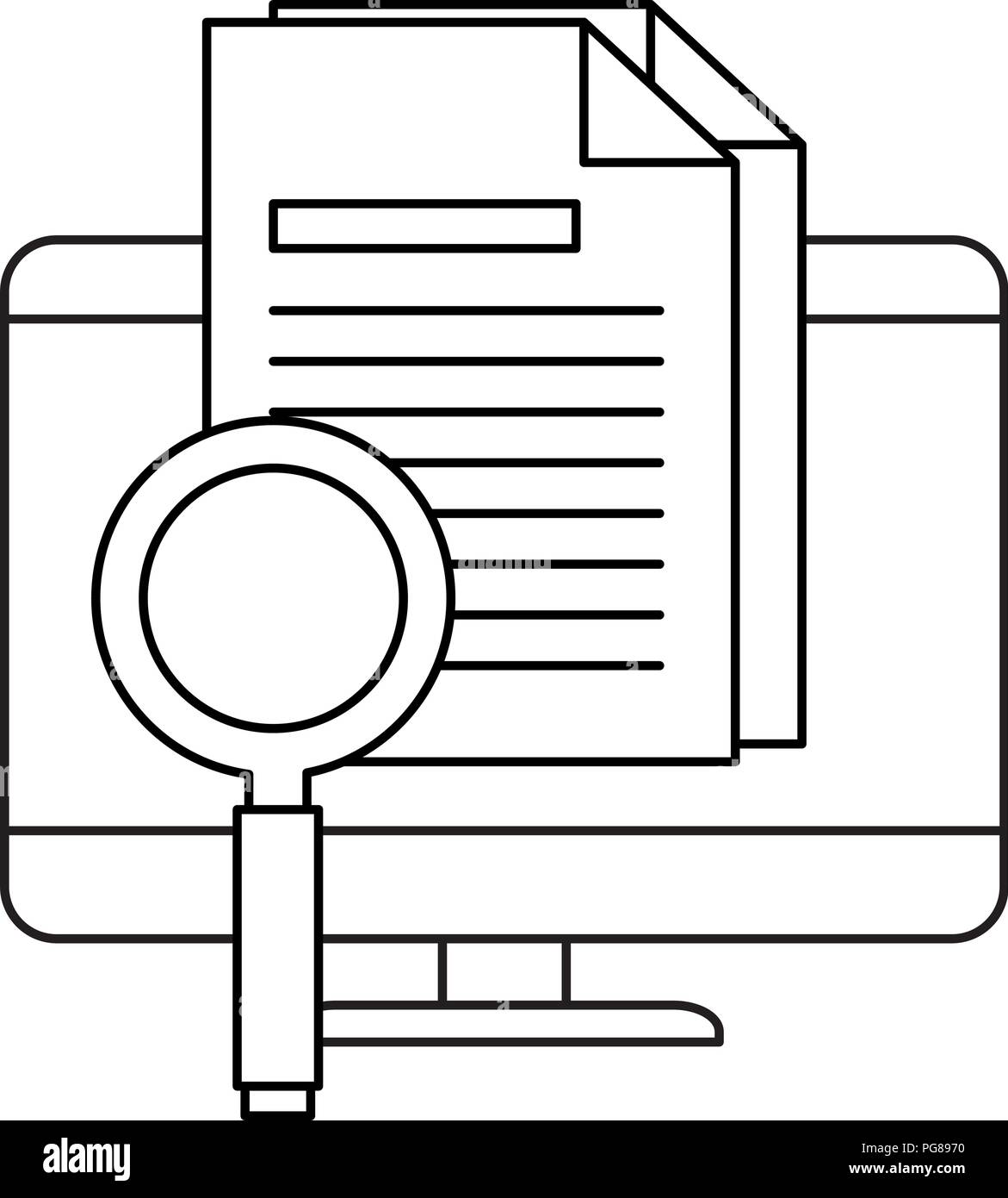 computer desktop with magnifying glass and document vector illustration ...