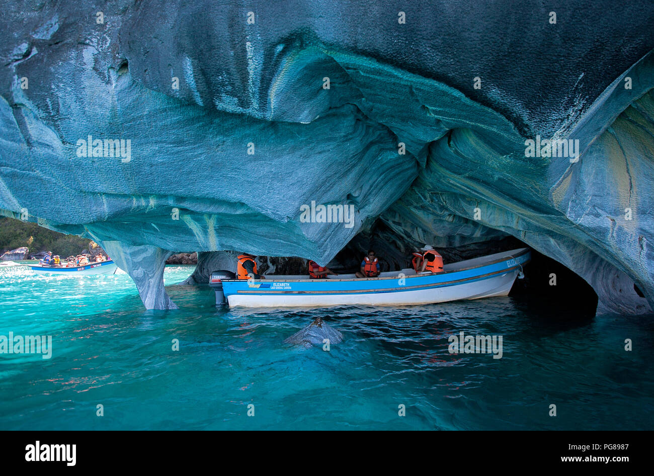 Tourists visiting Capillas de Marmol (marble chapels) natural sanctuary ...