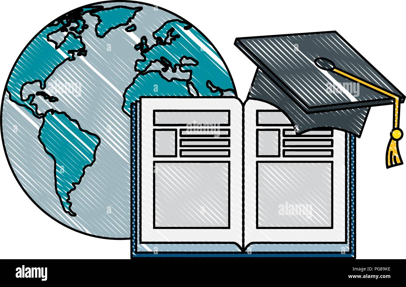 text book with hat graduation and world planet vector illustration ...