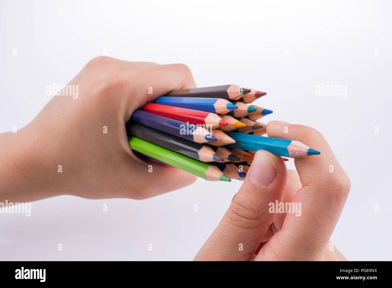 Hand holding color pencils on a white background Stock Photo - Alamy