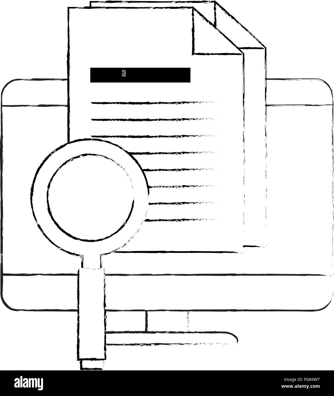computer desktop with magnifying glass and document vector illustration ...