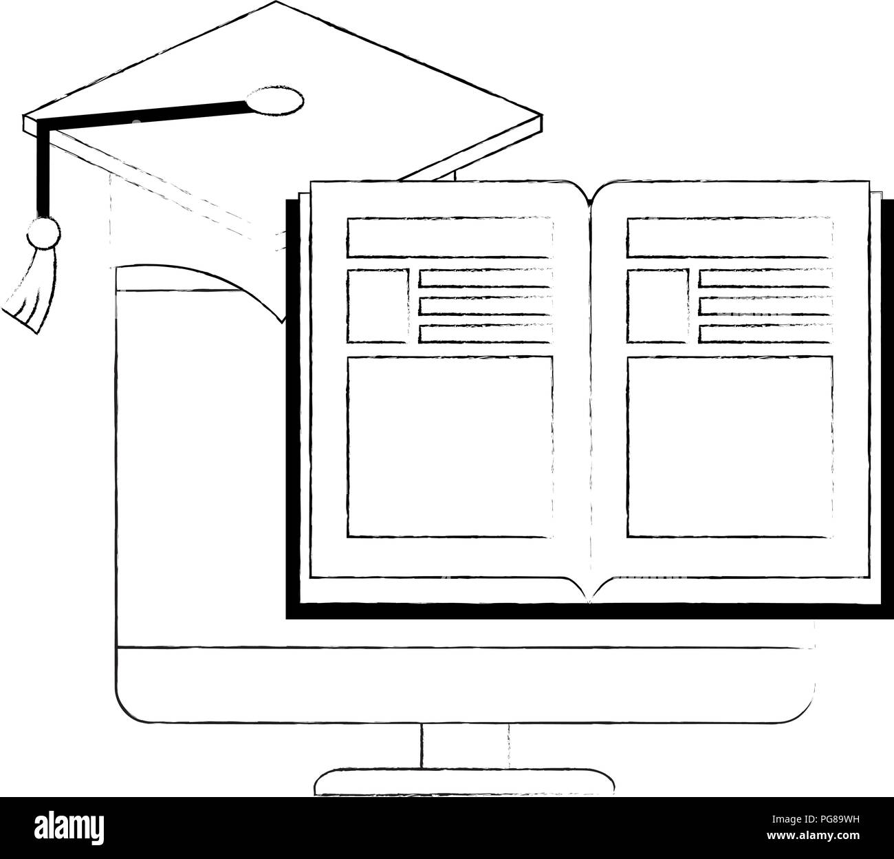 electronic book with computer and hat graduation vector illustration ...