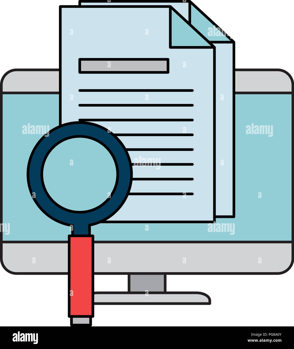 computer desktop with magnifying glass and document vector illustration ...