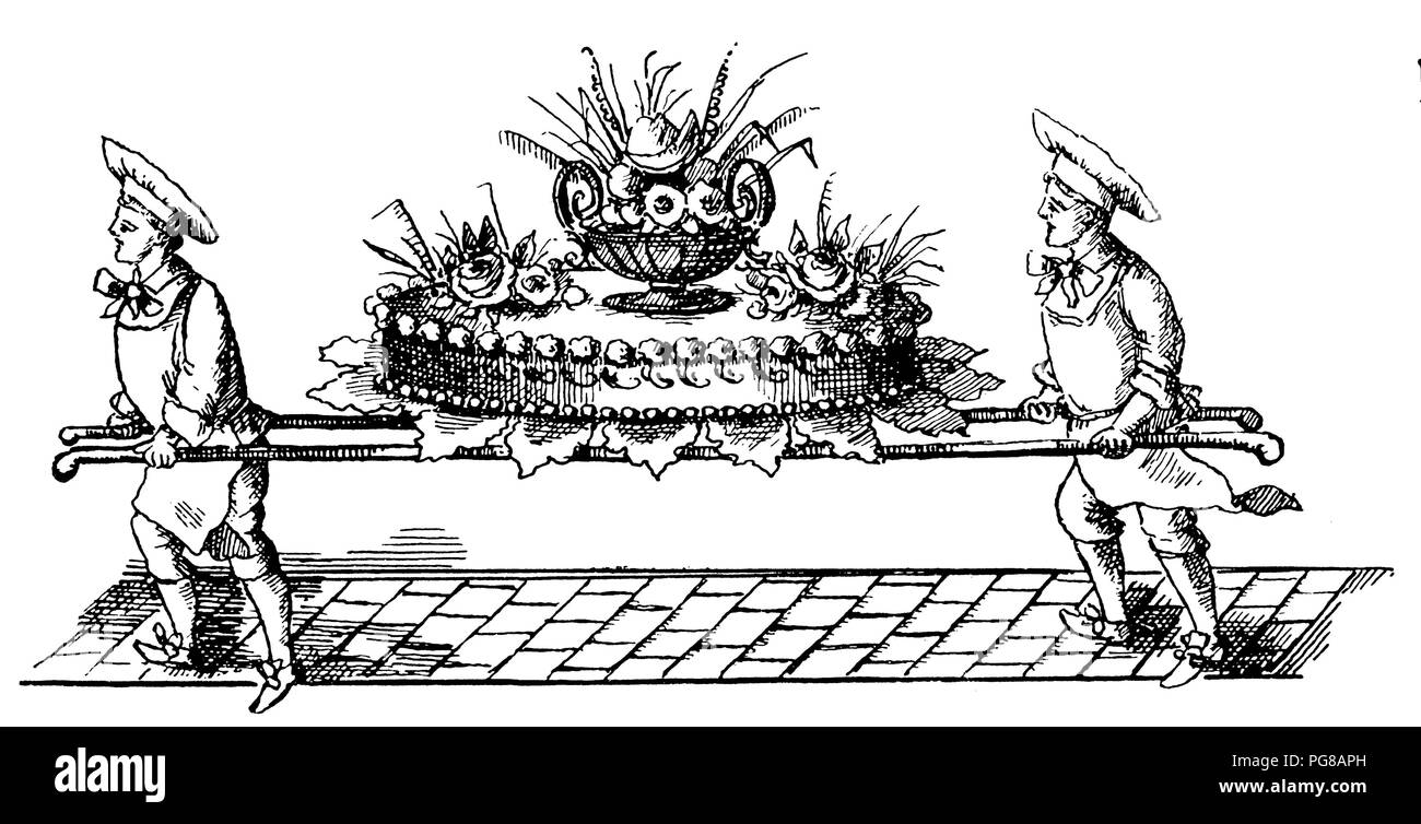 Two pastry chefs carry a big cake, 1904 Stock Photo - Alamy