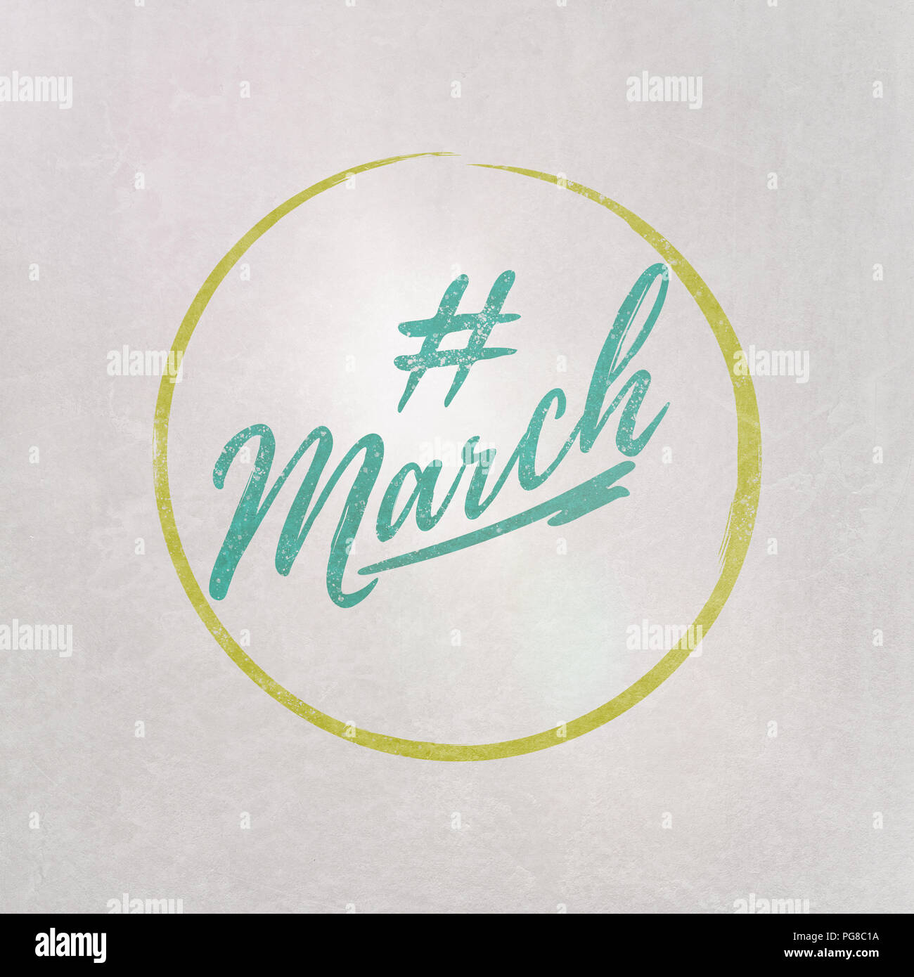 # Hashtag March written in blue on grey background as template in ...