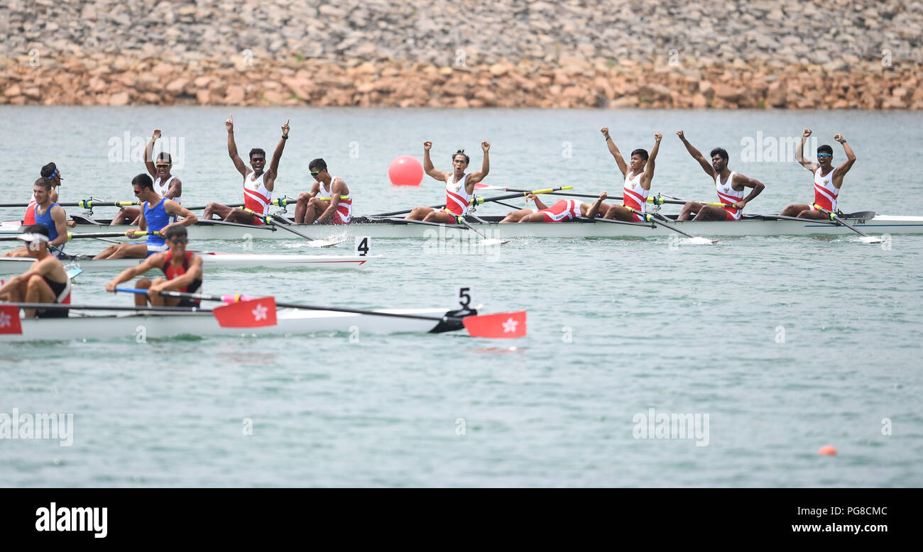 Palembang. 24th Aug, 2018. Indonesian players celebrate after the men's ...