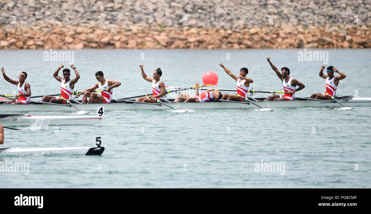 Palembang. 24th Aug, 2018. Indonesian players celebrate after the men's ...
