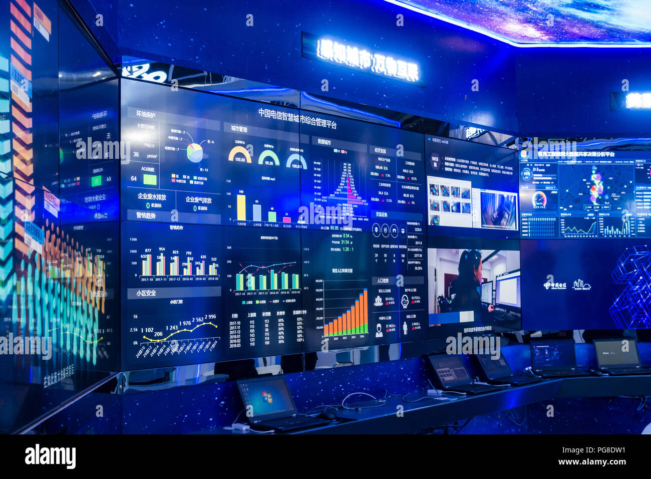 Control room panels and screens exhibit at China Smart City Expo 2018 ...