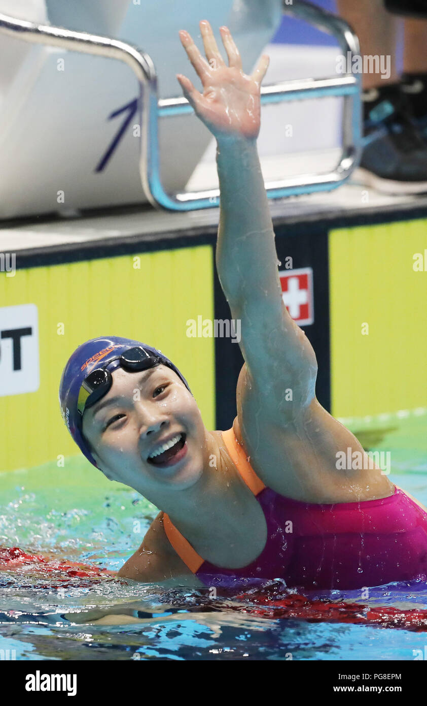 24th Aug, 2018. S. Korea's Asiad swimming gold Kim Seo-yeong celebrates ...