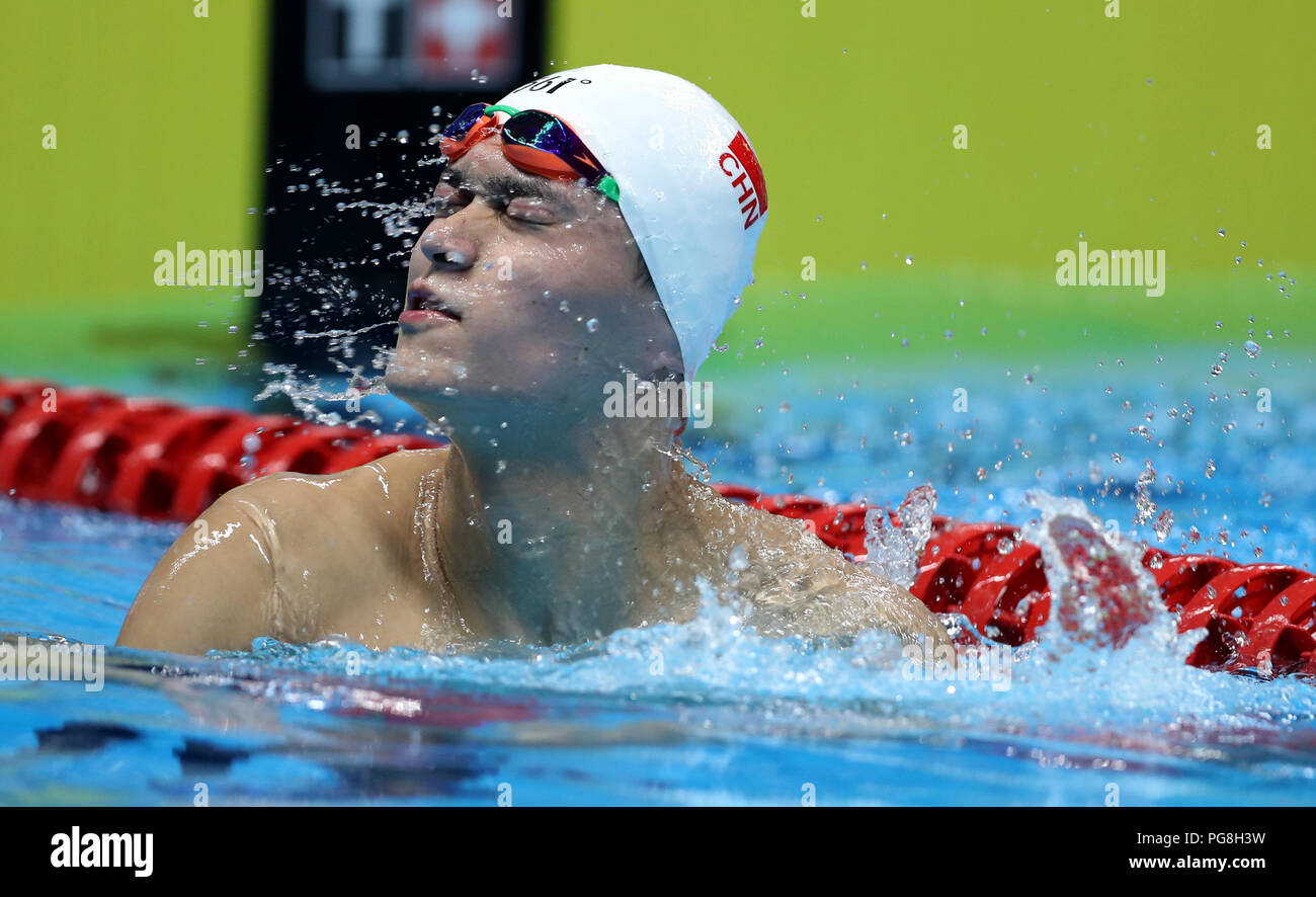 Jakarta, Indonesia. 24th Aug, 2018. Sun Yang of China reacts after men ...