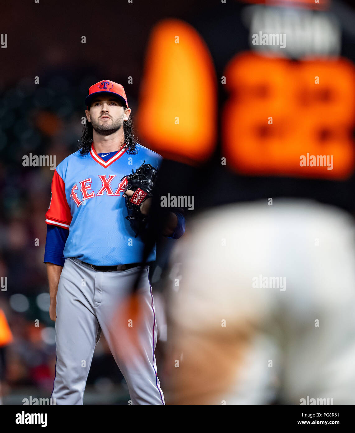 San Francisco, USA. August 24, 2018: Former SF Giant now Texas Rangers relief pitcher Cory ...