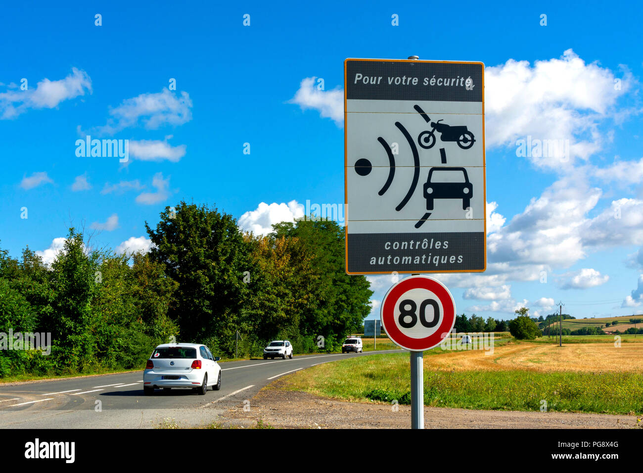 Sign of speed limit reduced to 80 km/hour and radar speed check, France ...