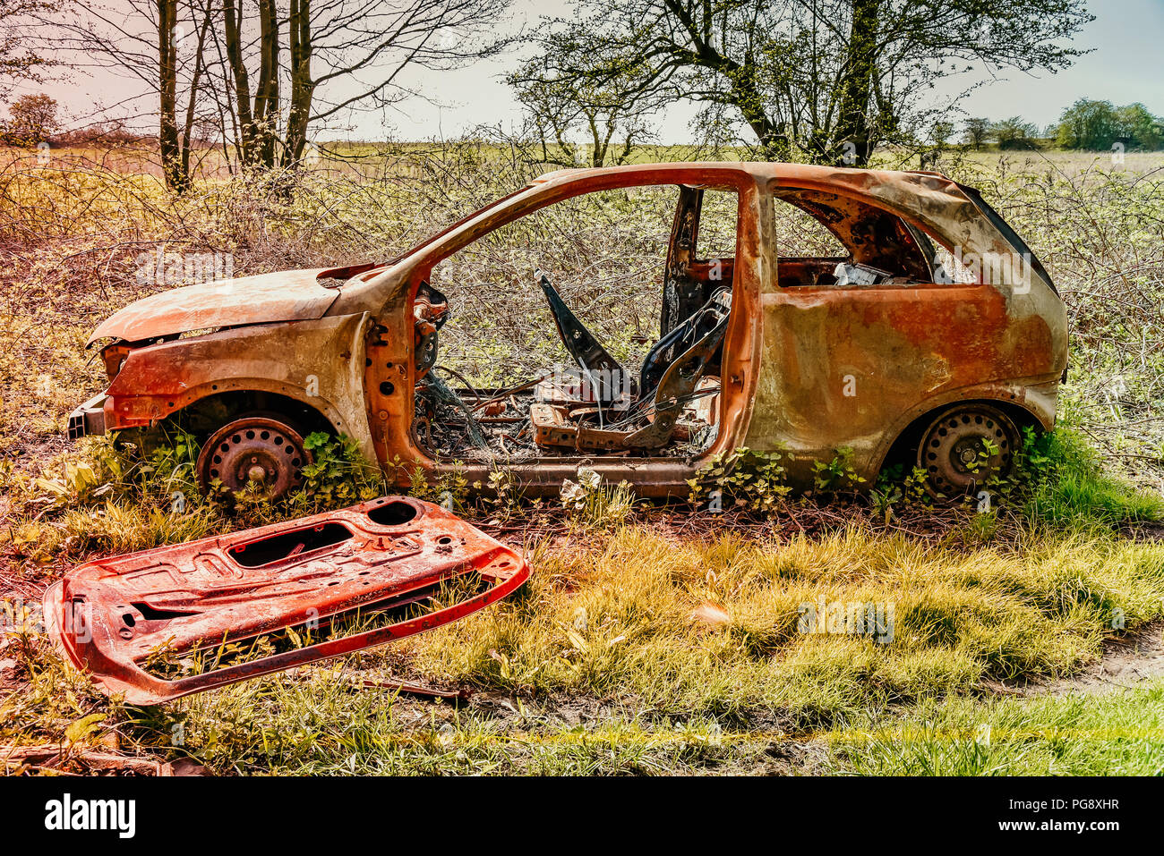 Devastated burned car wrack. Effects of an accident Stock Photo - Alamy