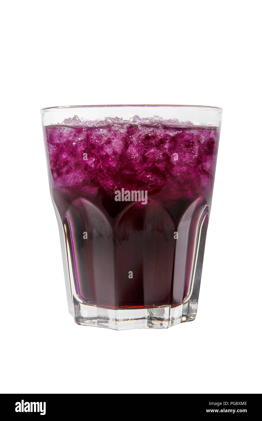 A one-color, purple clear cocktail in a low glass with crushed ice ...