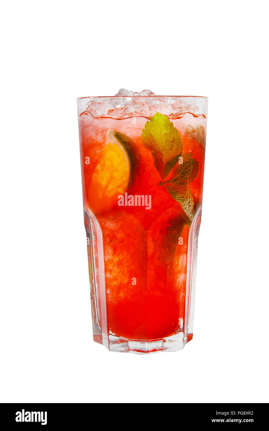 A single-colored, red cocktail in a tall glass with fine ice and lemon ...