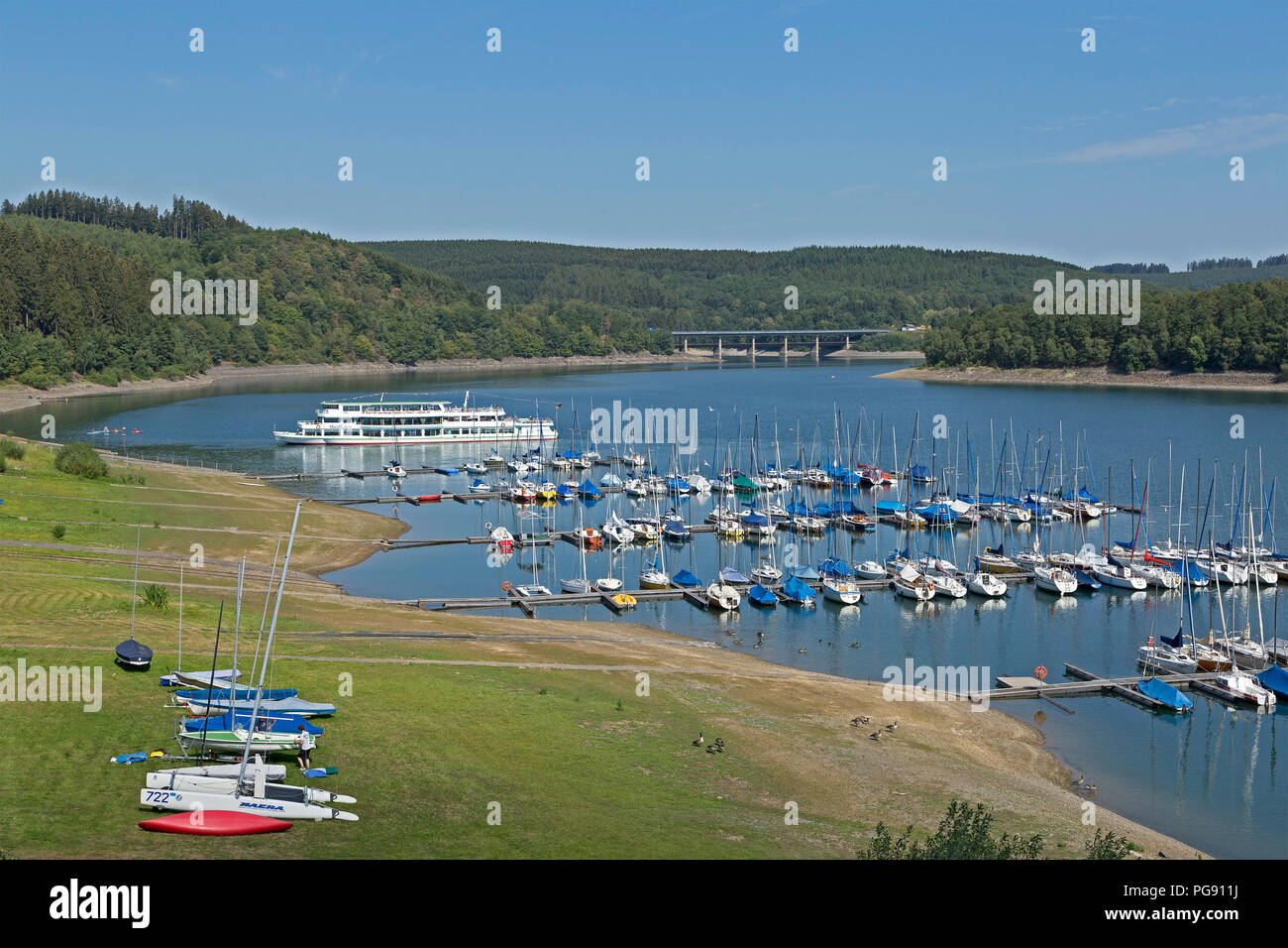 marina and excursion boat, Lake Bigge near Sondern, North Rhine ...
