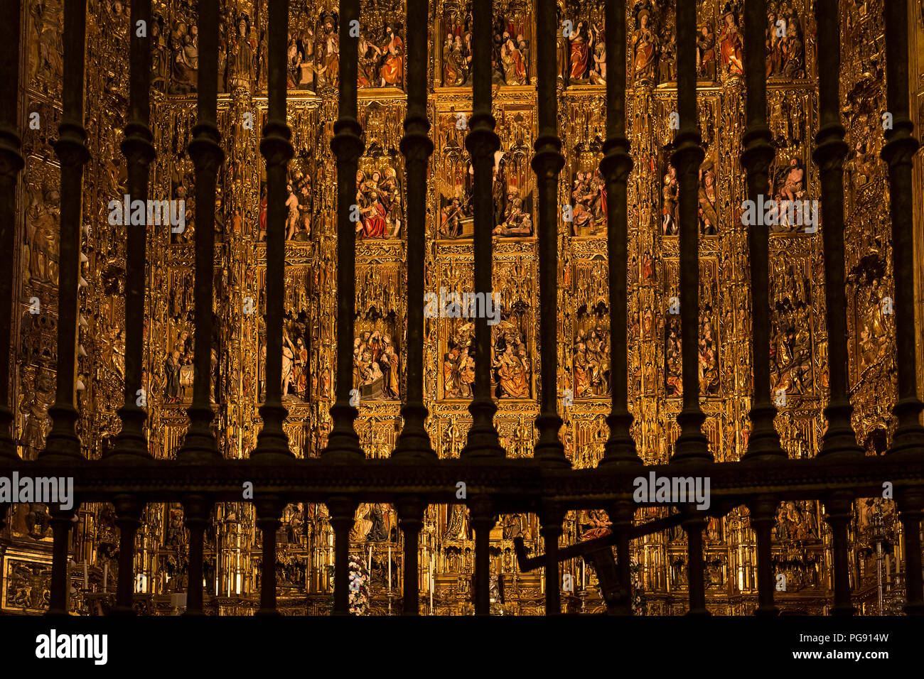 SEVILLE, ANDALUSIA, SPAIN, MAY, 23, 2017 : golden retablo mayor in ...