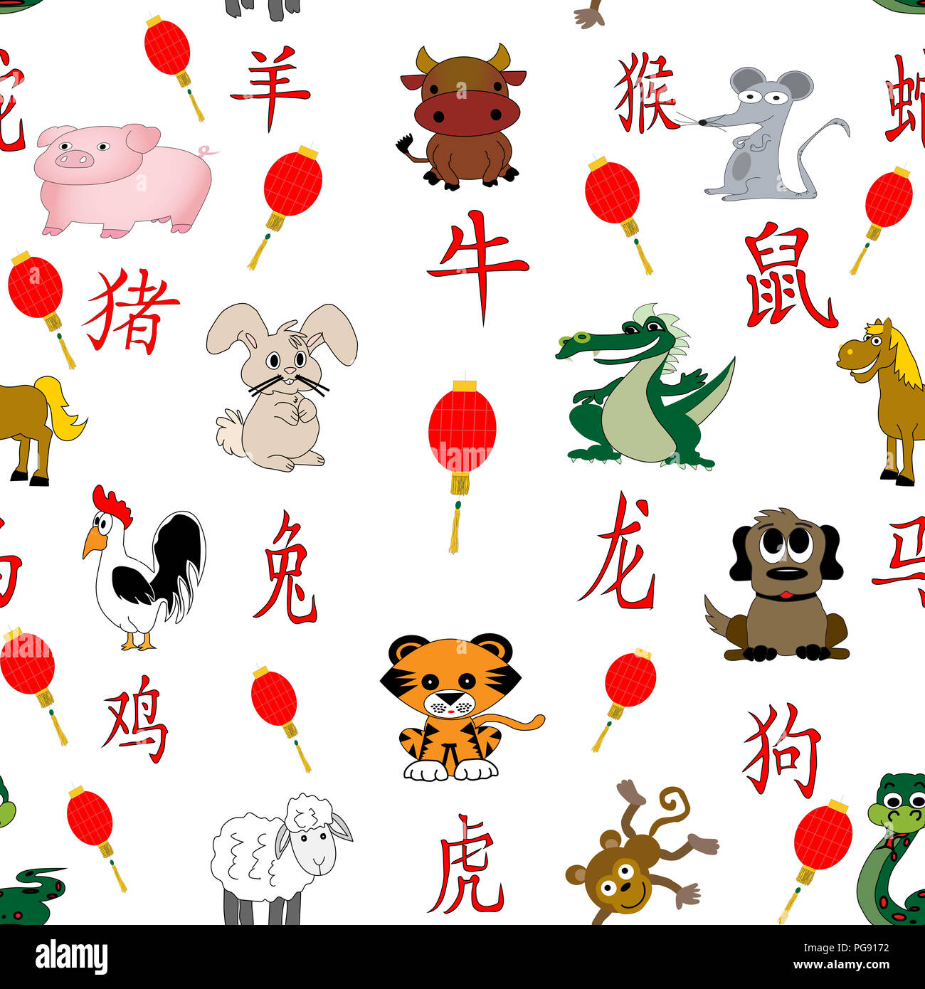 Illustrated Chinese Horoscope illustrated with Chinese character and ...