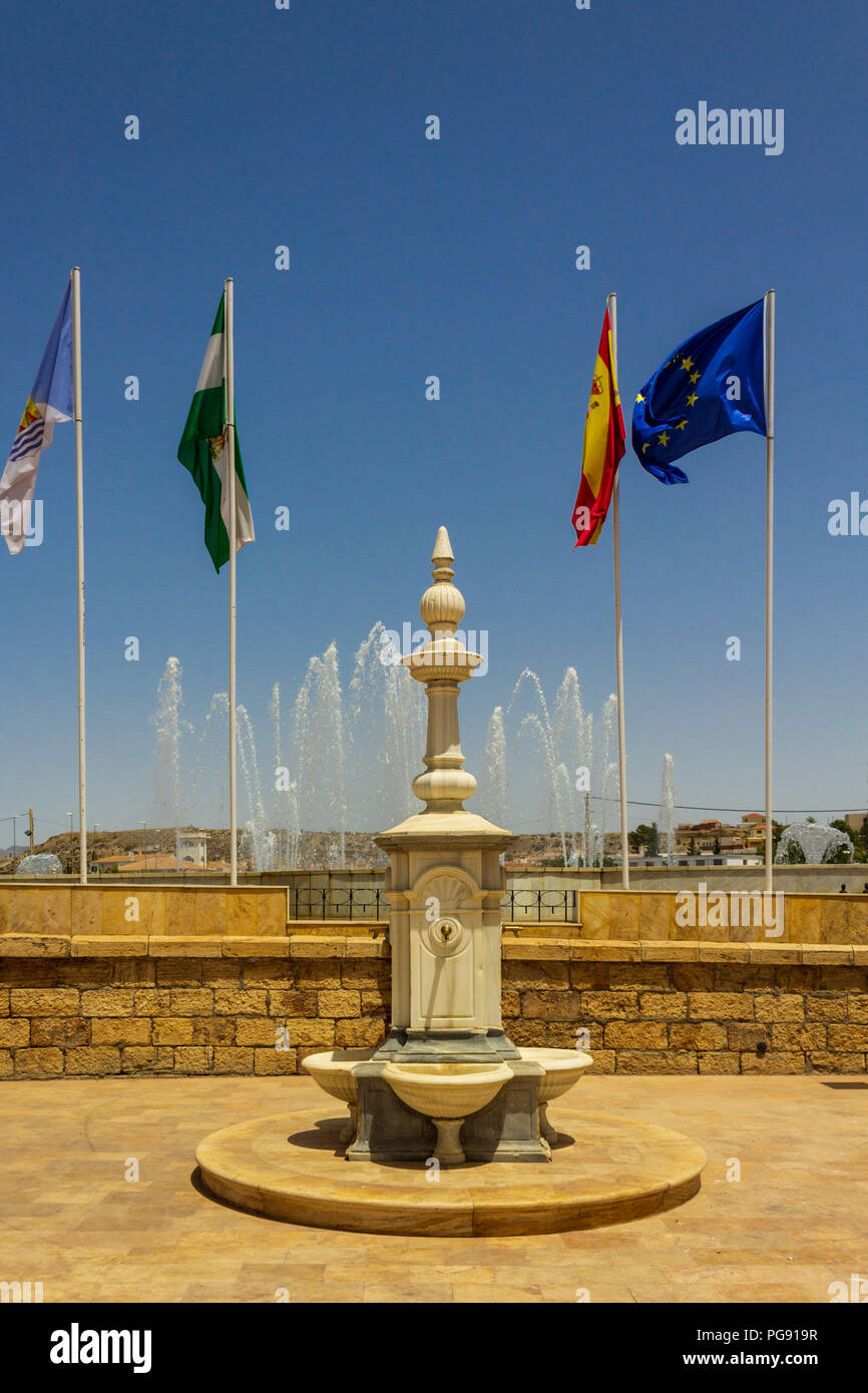 Ornate Public Drinking Fountain with Flags of Spain, European Union ...