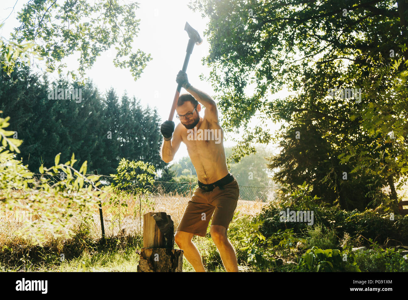 Picture of shirtless man who is chopping wood with an ax Stock Photo ...