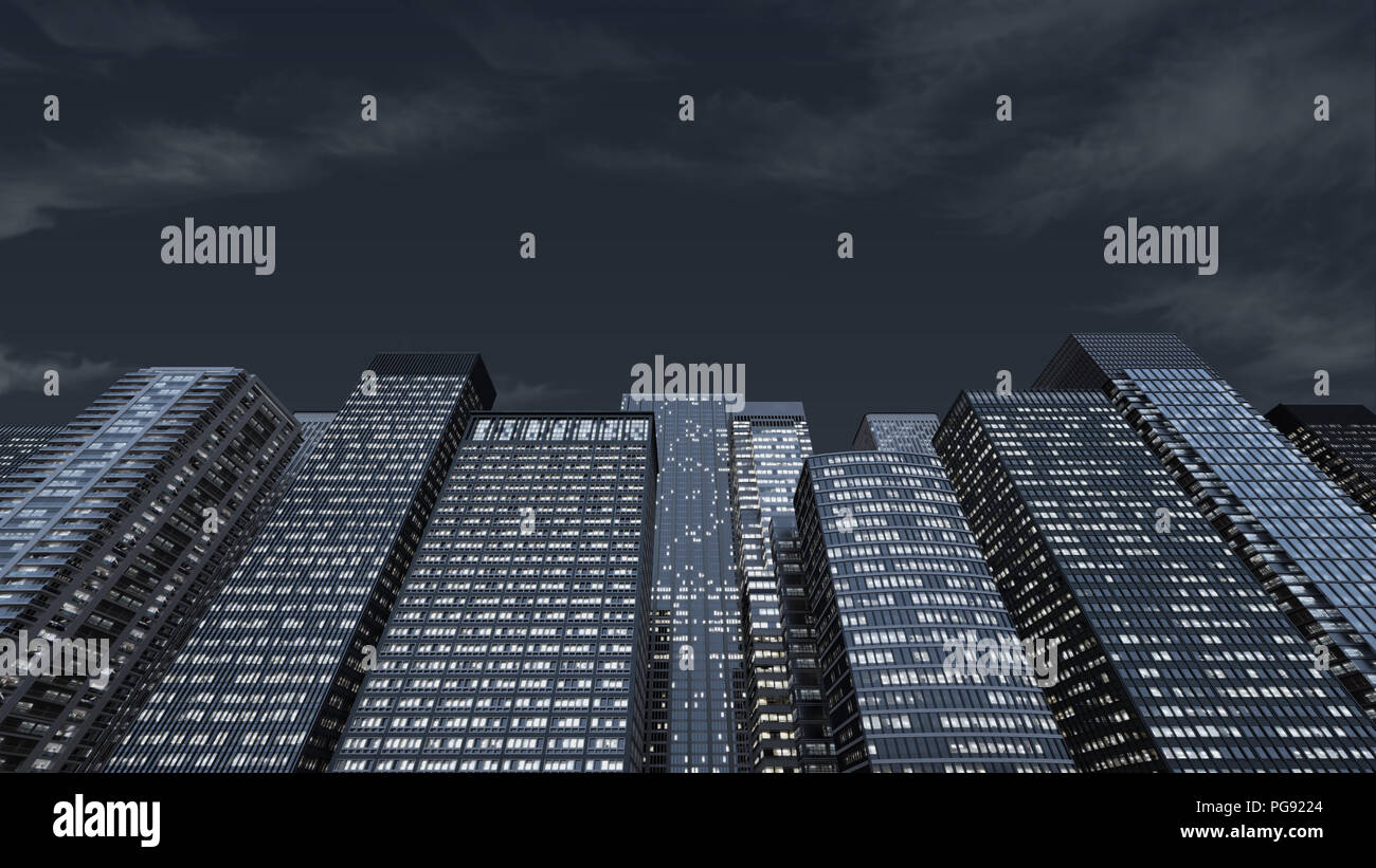 Wall from the facades of skyscrapers at night. 3d rendering Stock Photo ...