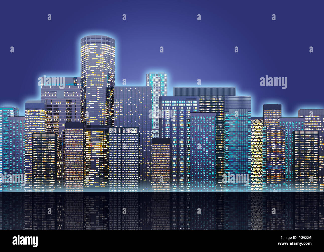 panorama of colored skyscrapers at night city. 3d rendering Stock Photo ...
