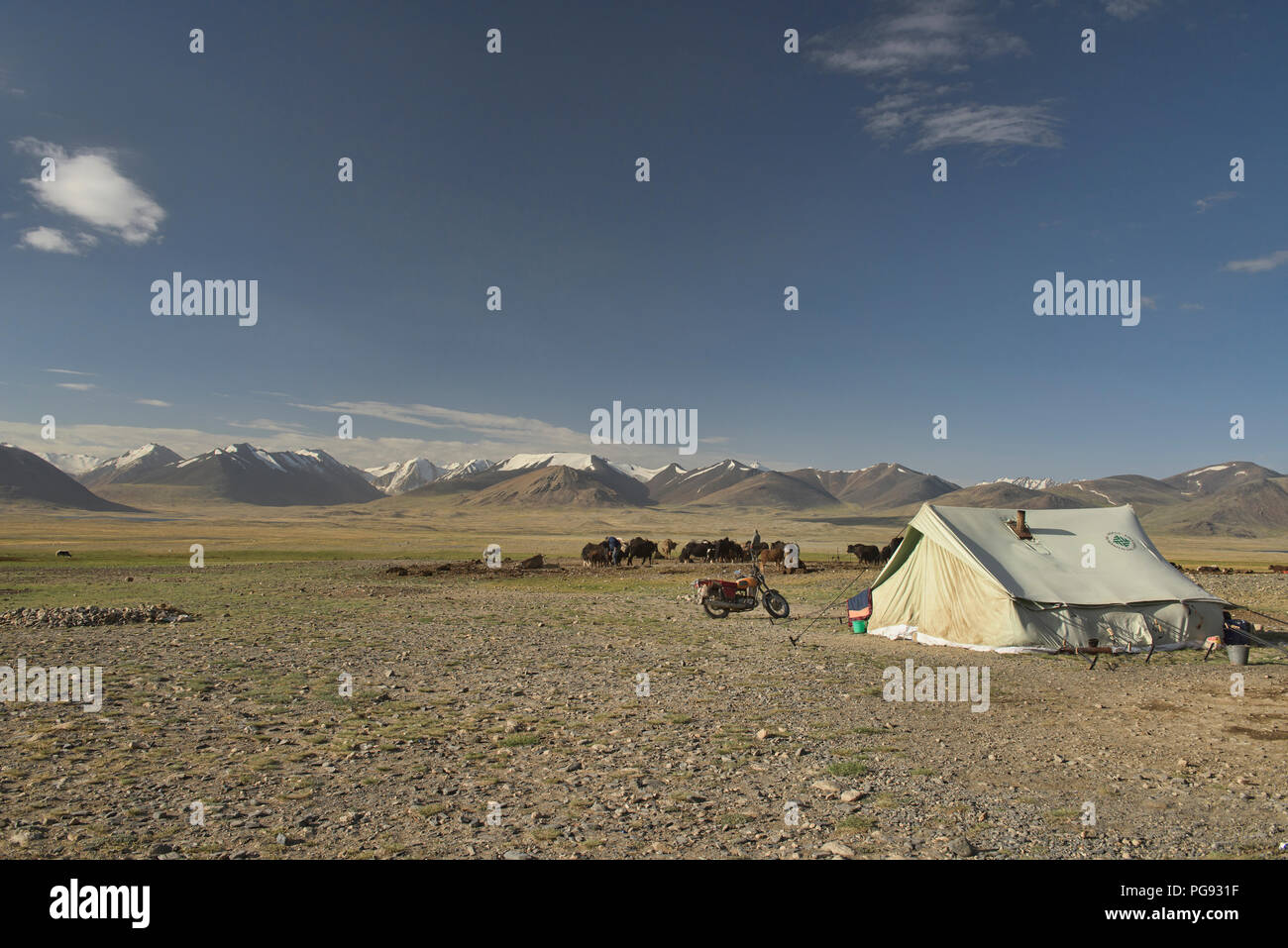 Kyrgyz yurt camp in front of the Afghan Great Pamir Range, Kara Jilga ...